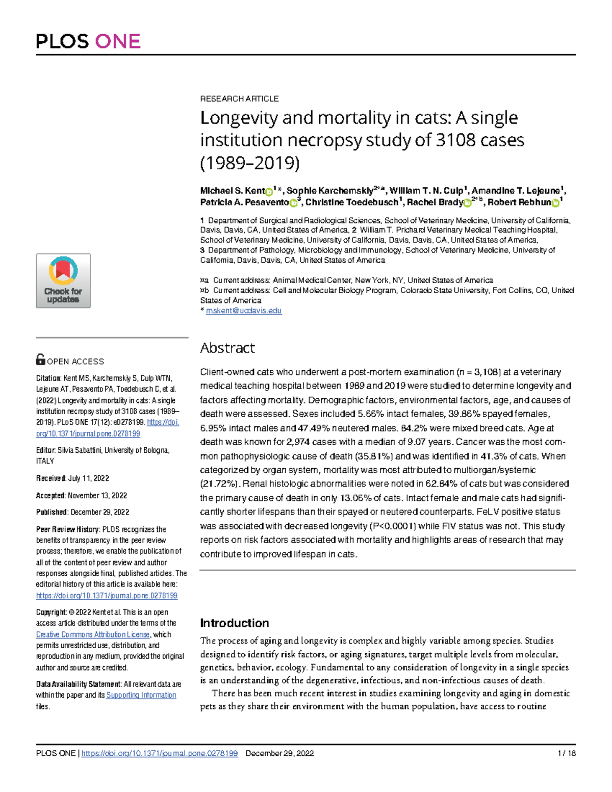 PLOS ONE Research Article: Longevity & Mortality in Cats (3108 Cases ...