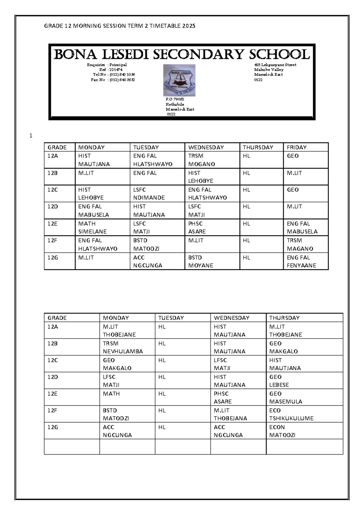 Grade 12 BONA Lesedi Secondary School Timetable - GRADE 12 MORNING ...