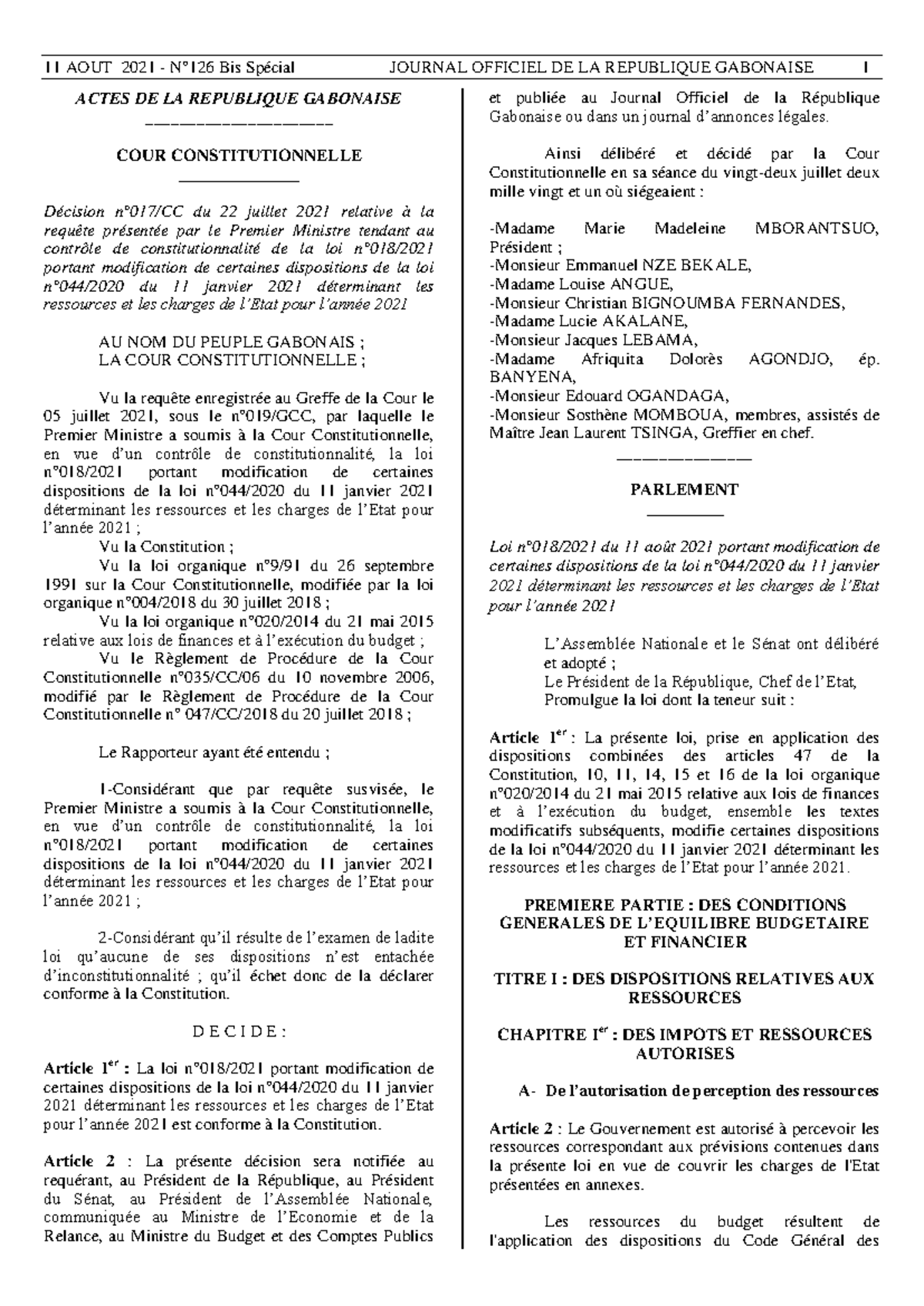 Loi de Finances Rectificative 2021 - Journal Officiel Gabon 11 AOUT ...