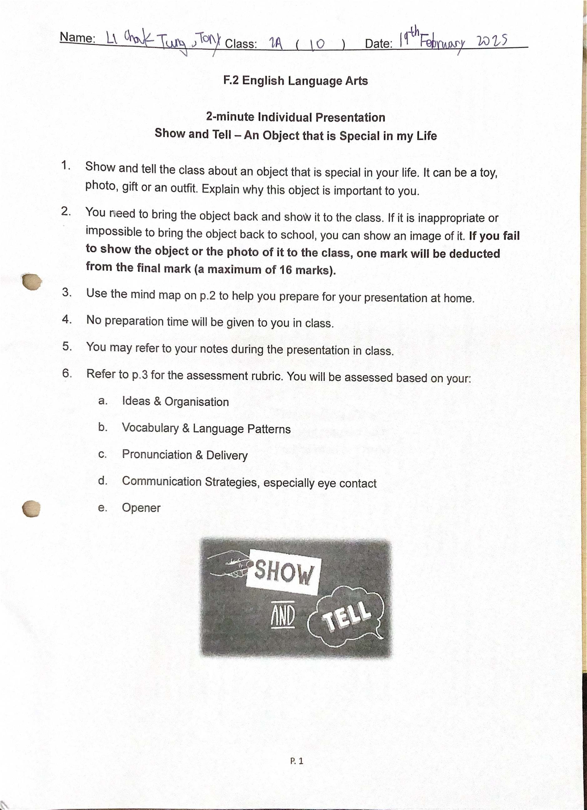 F.2 English Language Arts: Show and Tell Presentation Guide - Studocu