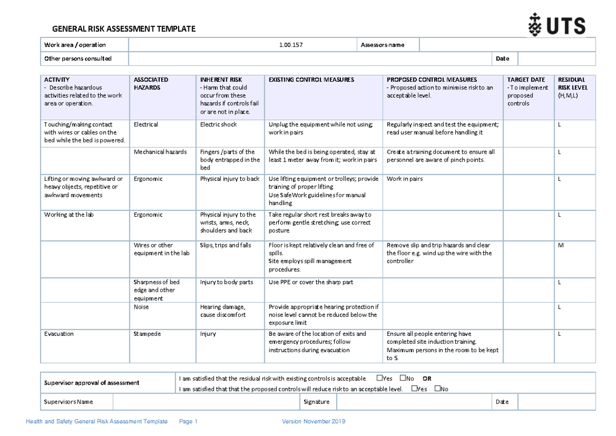 Internship UTS Risk assessment - Health and Safety General Risk ...