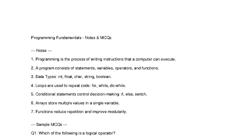 Programming Fundamentals MCQs and Key Concepts - Studocu