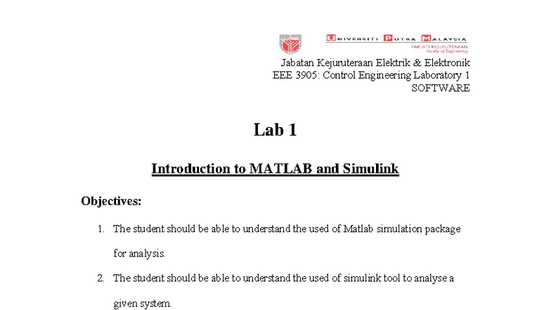 EEE3905: Control Engineering Lab 1 - Intro to MATLAB & Simulink - Studocu