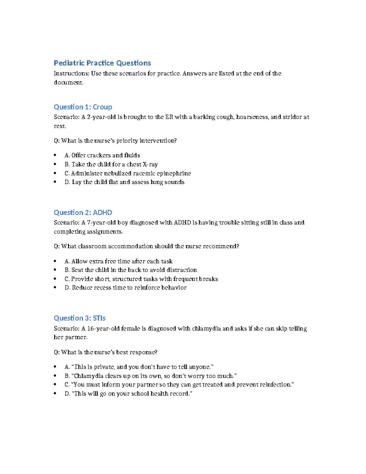 Pediatric Nursing Practice Questions: Scenarios & Answers - Studocu