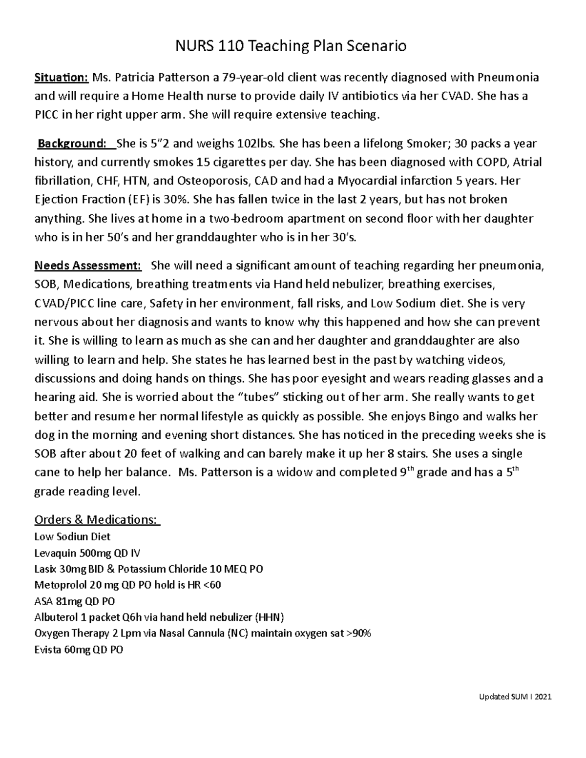 Teaching Plan Scenario and instructions Ms - NURS 110 Teaching Plan ...