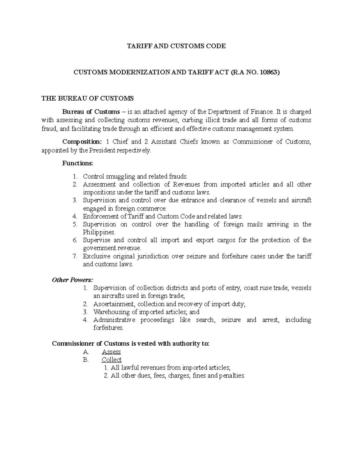 Notes on Tariff and Customs Code - TARIFF AND CUSTOMS CODE CUSTOMS ...