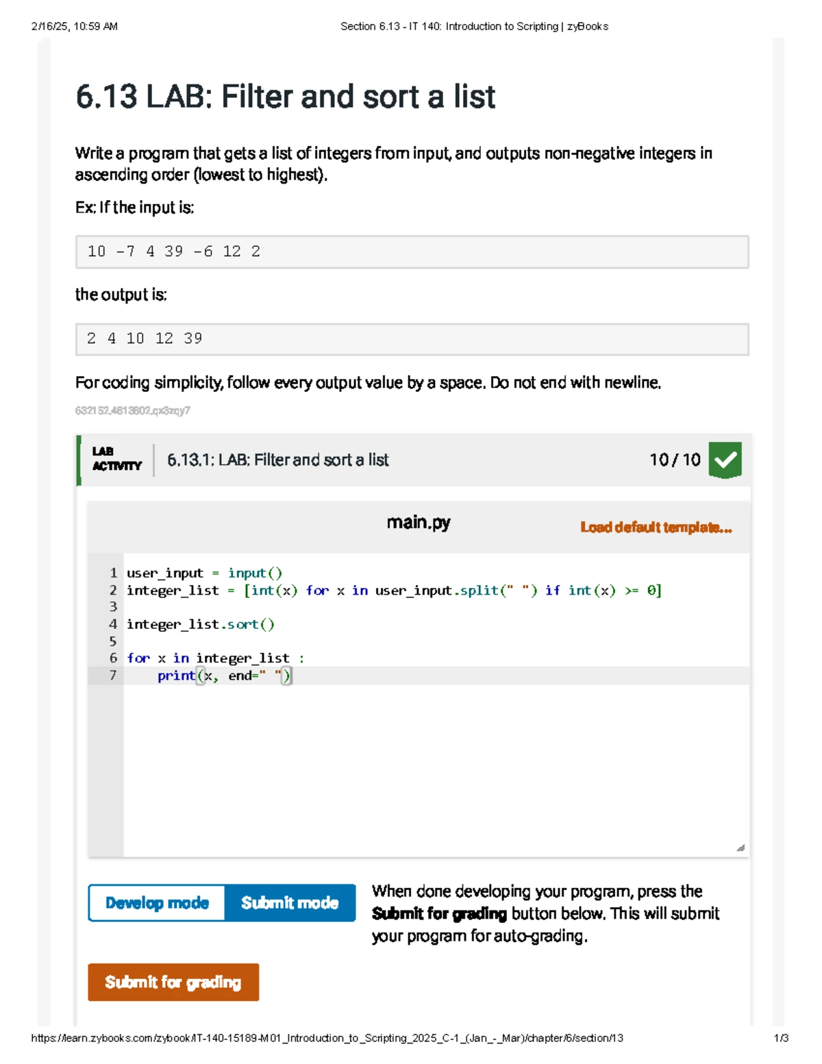 6.13 LAB- Filter and sort a list Section 6.13 - IT 140 Introduction to Scripting zy Books - 6 ...