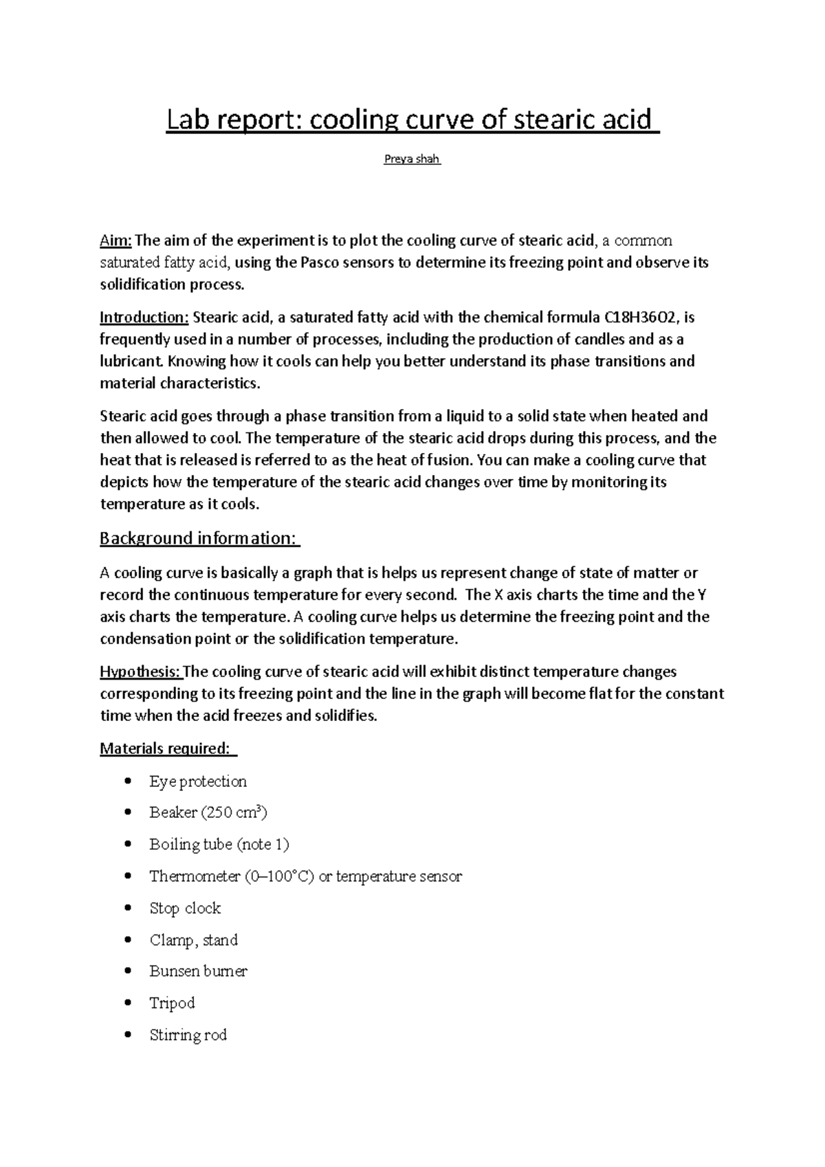 Cooling Curve Analysis of Stearic Acid - Lab Report - Studocu