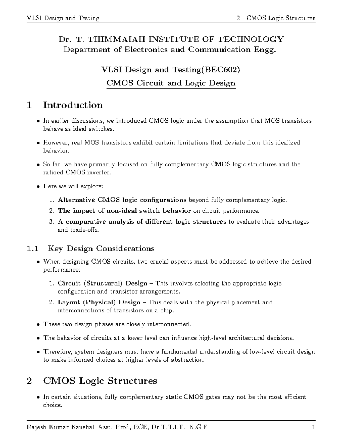 BEC602 - Module 4: Advanced CMOS Logic Structures and Design - Studocu