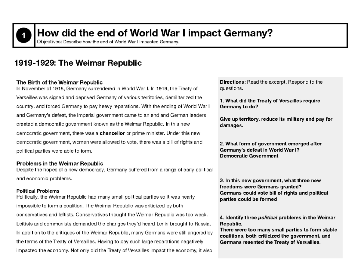 The Impact of WWI on Germany: Weimar Republic and Hitler's Rise (HIST ...