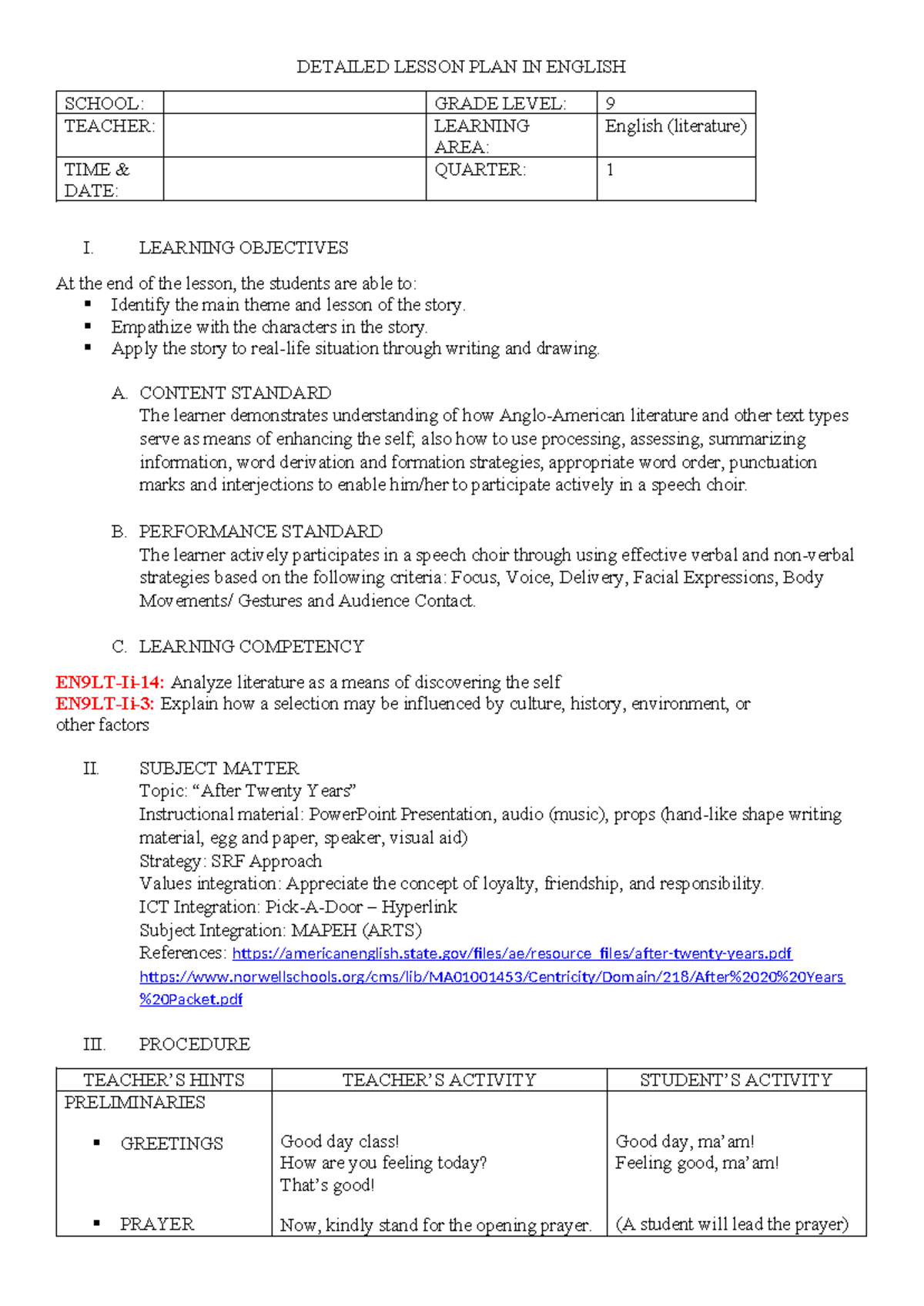 DLP Grade 9: Detailed Lesson Plan on Literature and Loyalty - Studocu