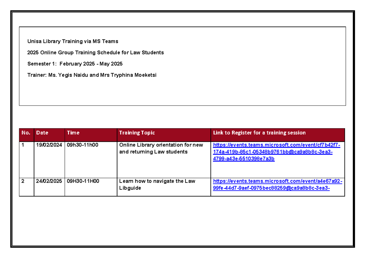 Unisa Law Students Library Training Schedule 2025: MS Teams Sessions ...