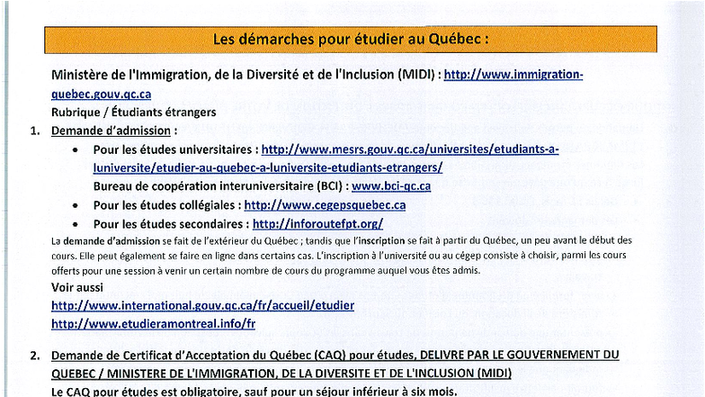 Démarches Immigration Études au Québec : Guide MIDI et CAQ - Studocu