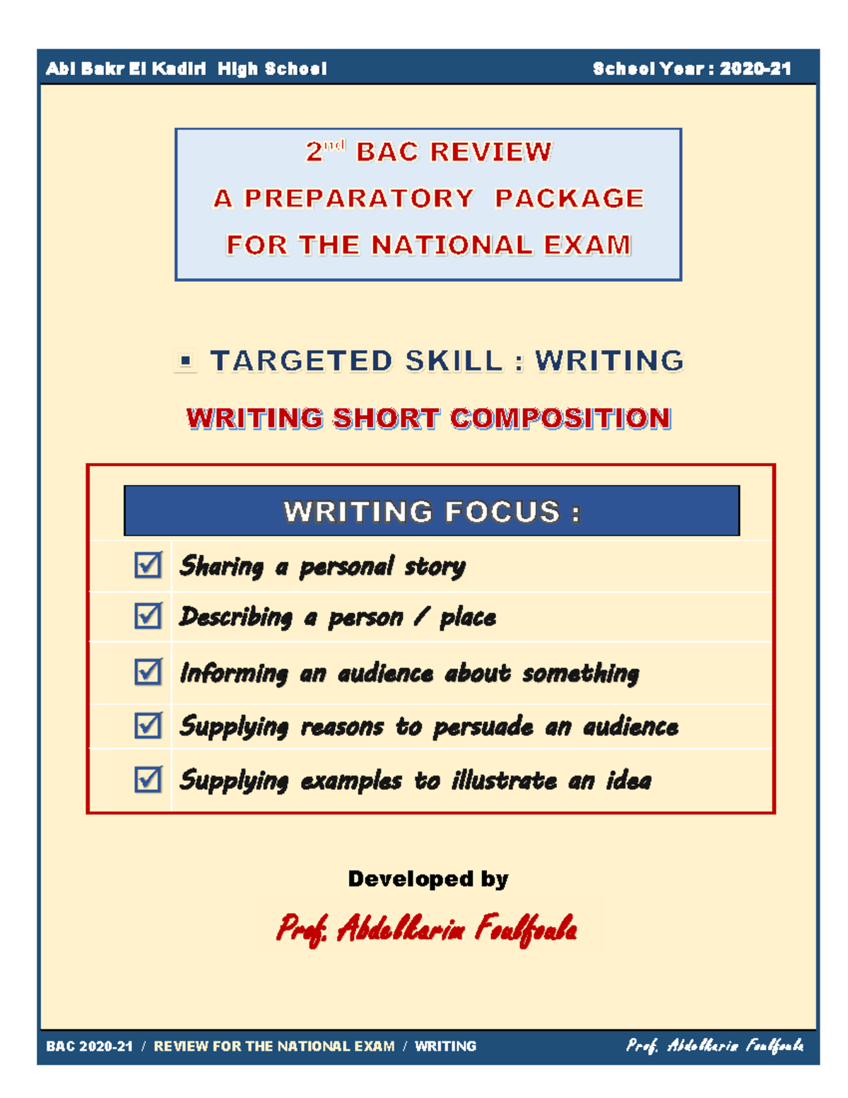 2 BAC review for the national exam writing: personal experiences and - Studocu