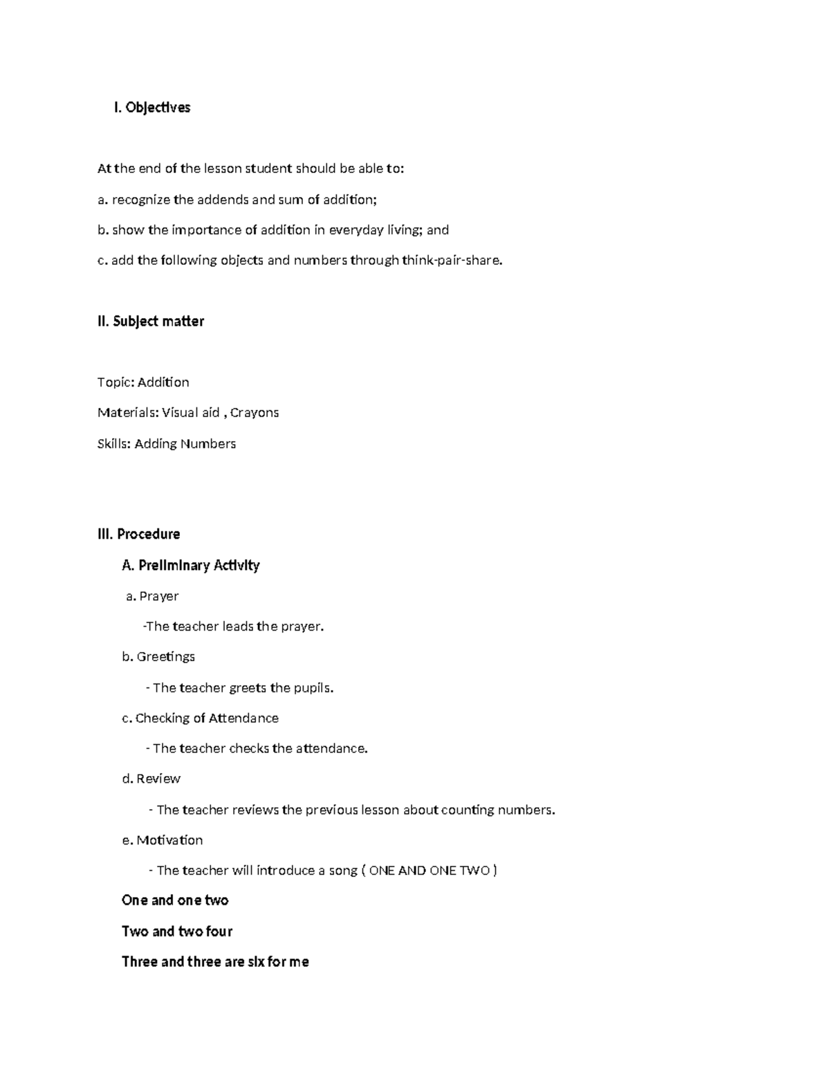 Lesson Plan in Math: Addition Activities & Objectives - Rabosa 1 - Studocu
