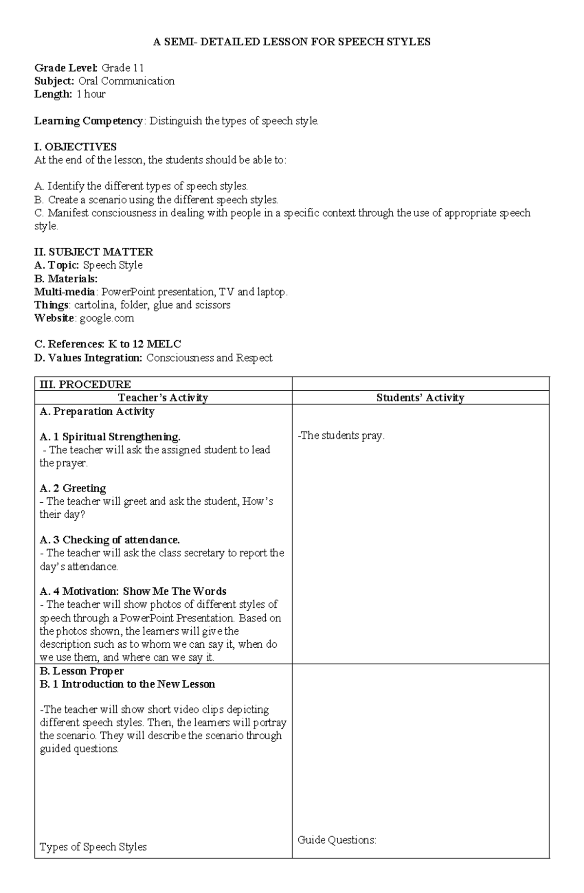 LP FOR Senior HIGH ( Speech Style) ( Final) - A SEMI- DETAILED LESSON ...