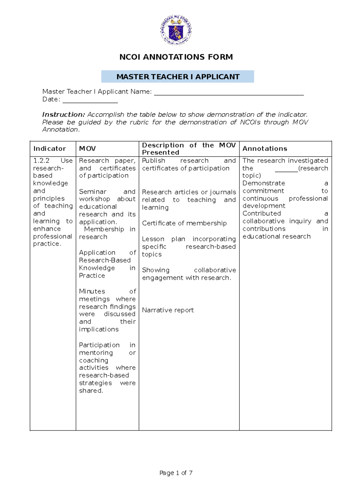 NCOI Annotations for Master Teacher I Applicant Evaluation - Studocu