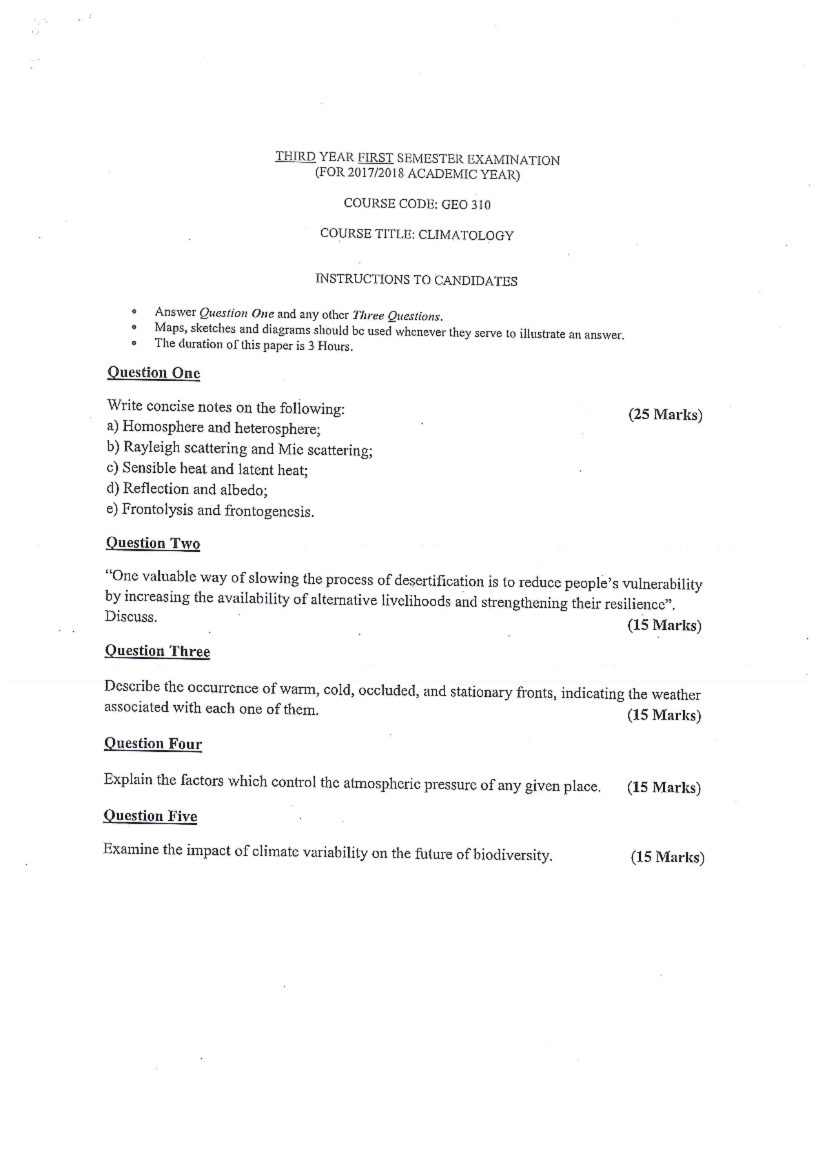 GEO 310 Climatology - Past papers - THIRD YEAR FIRST SEMESTER ...