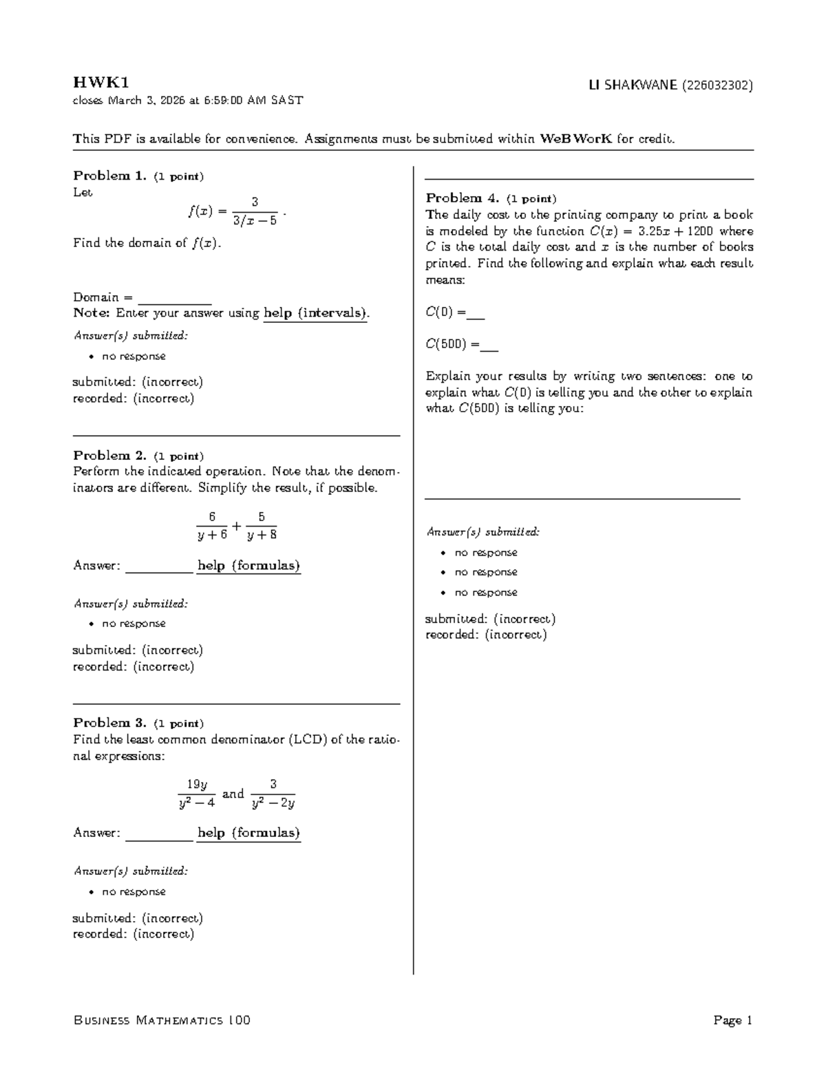 MAT100 2026 - Homework 1 Practice Problems and Solutions - Studocu
