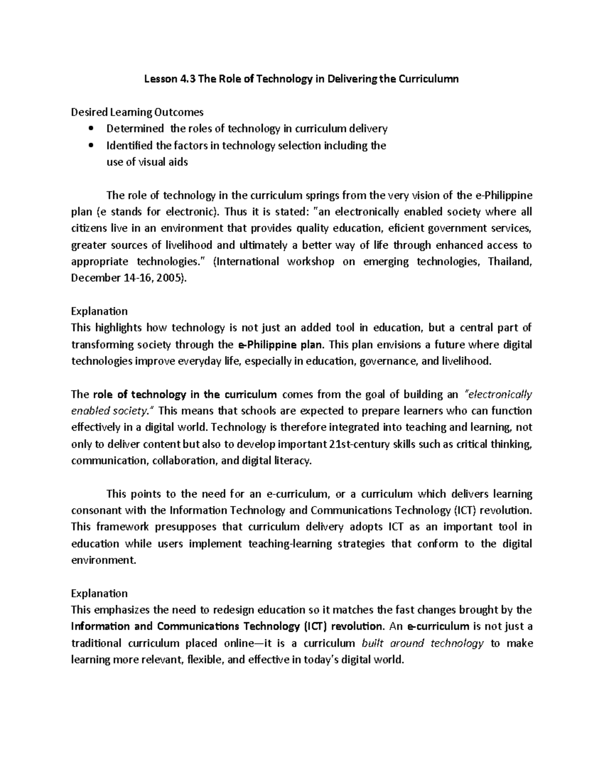 Lesson 4.3: The Role of Technology in Curriculum Delivery (Abelita PED ...
