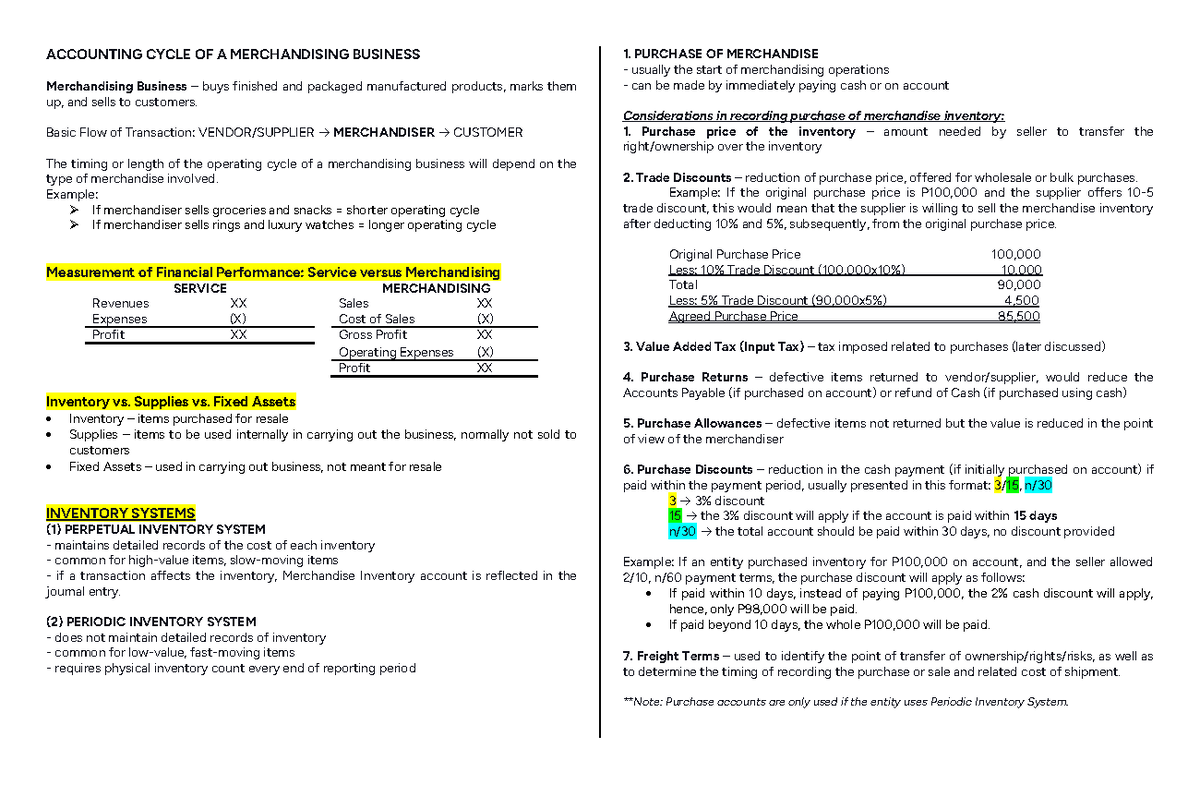 ACCOUNTING CYCLE OF A MERCHANDISING BUSINESS (ACCT 101) - Studocu