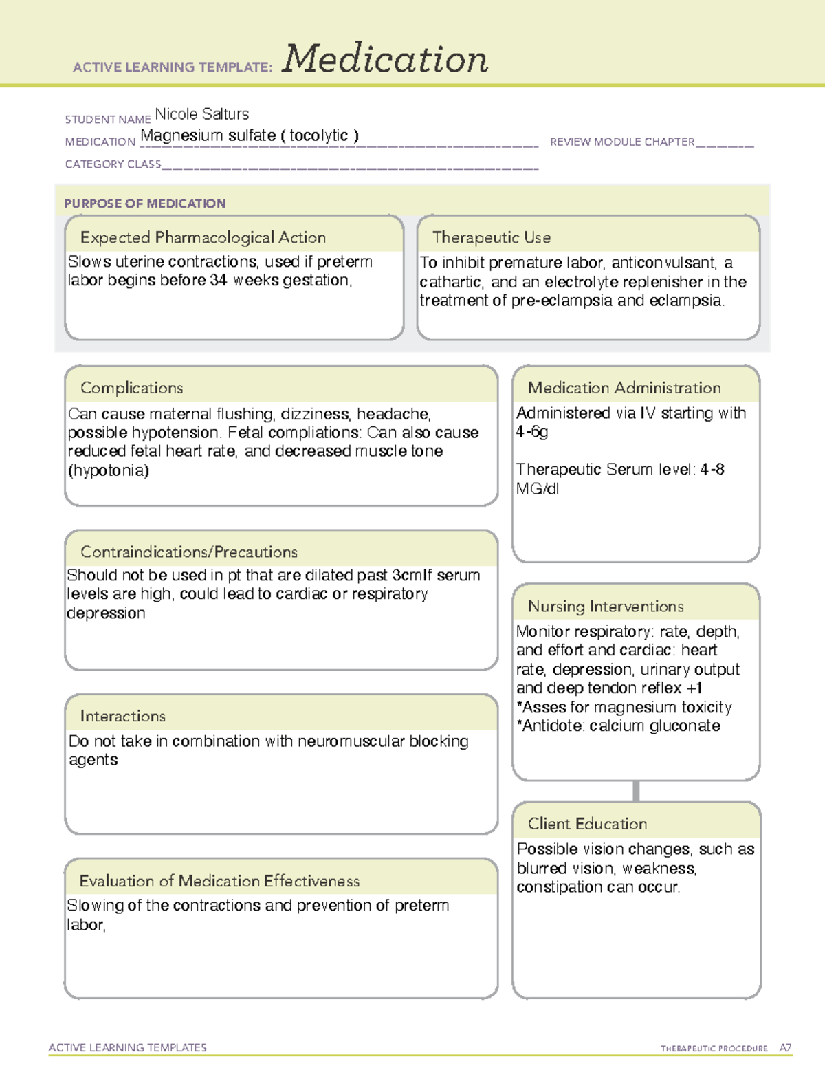 ACTIVE LEARNING TEMPLATE: Magnesium Sulfate (Tocolytic) Review - Studocu