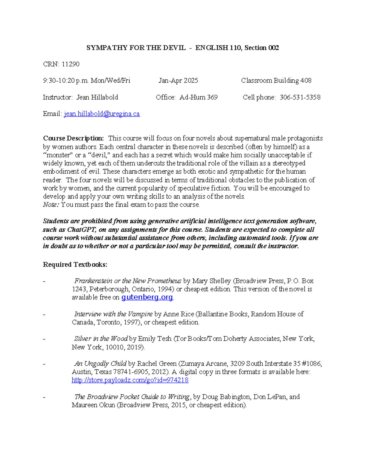 Syllabus for English 110: Sympathy for the Devil - Spring 2025 - Studocu
