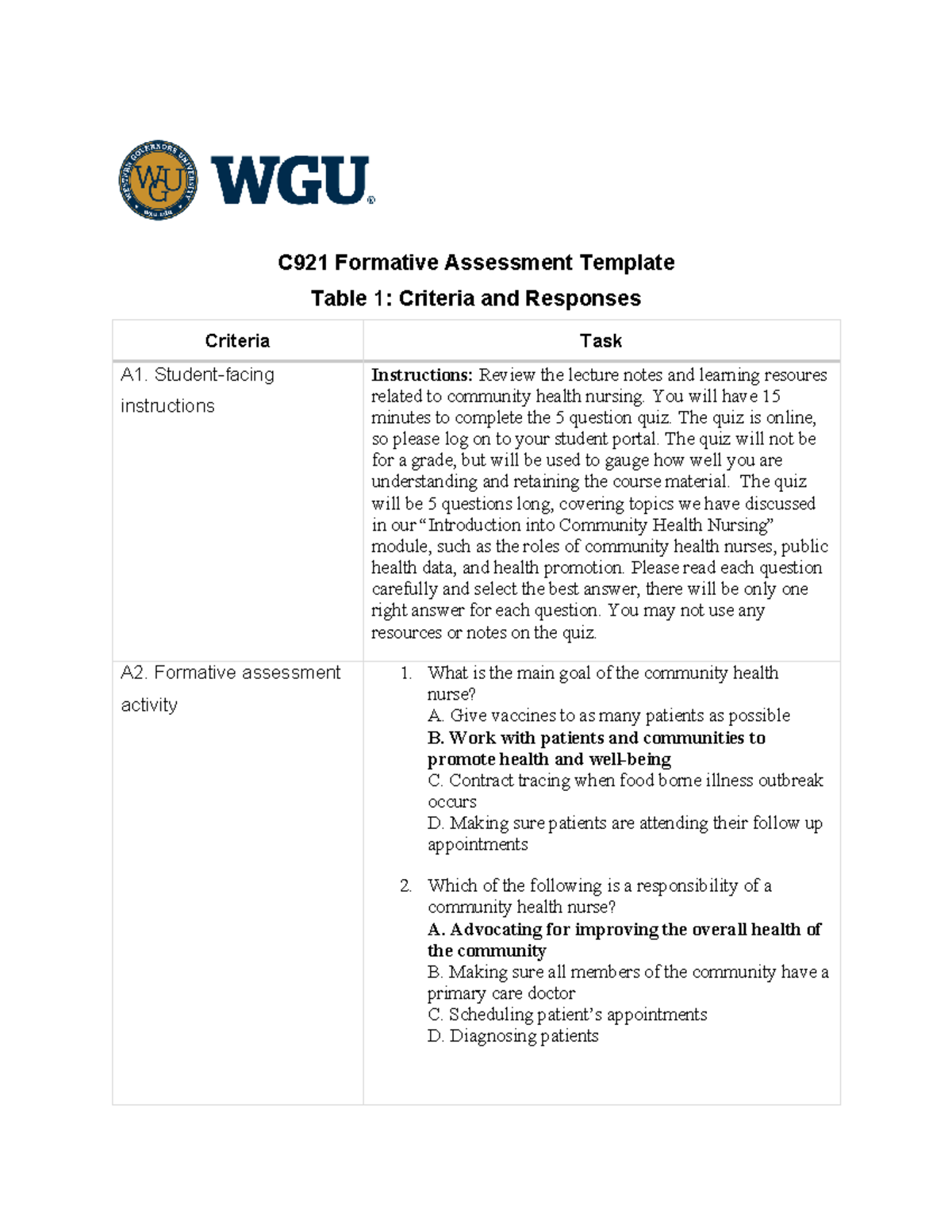 C921 Community Health Nursing Formative Assessment Quiz Template - Studocu