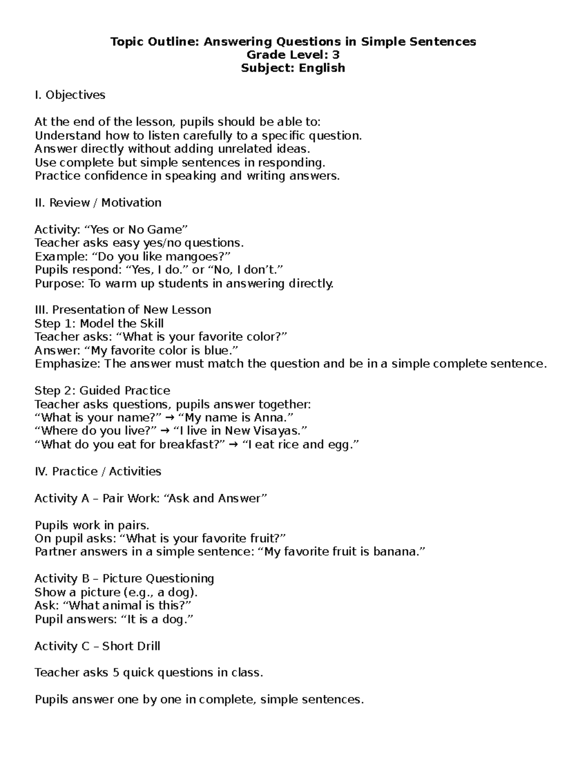 Topic Outline: Answering Questions in Simple Sentences (Grade 3) - Studocu