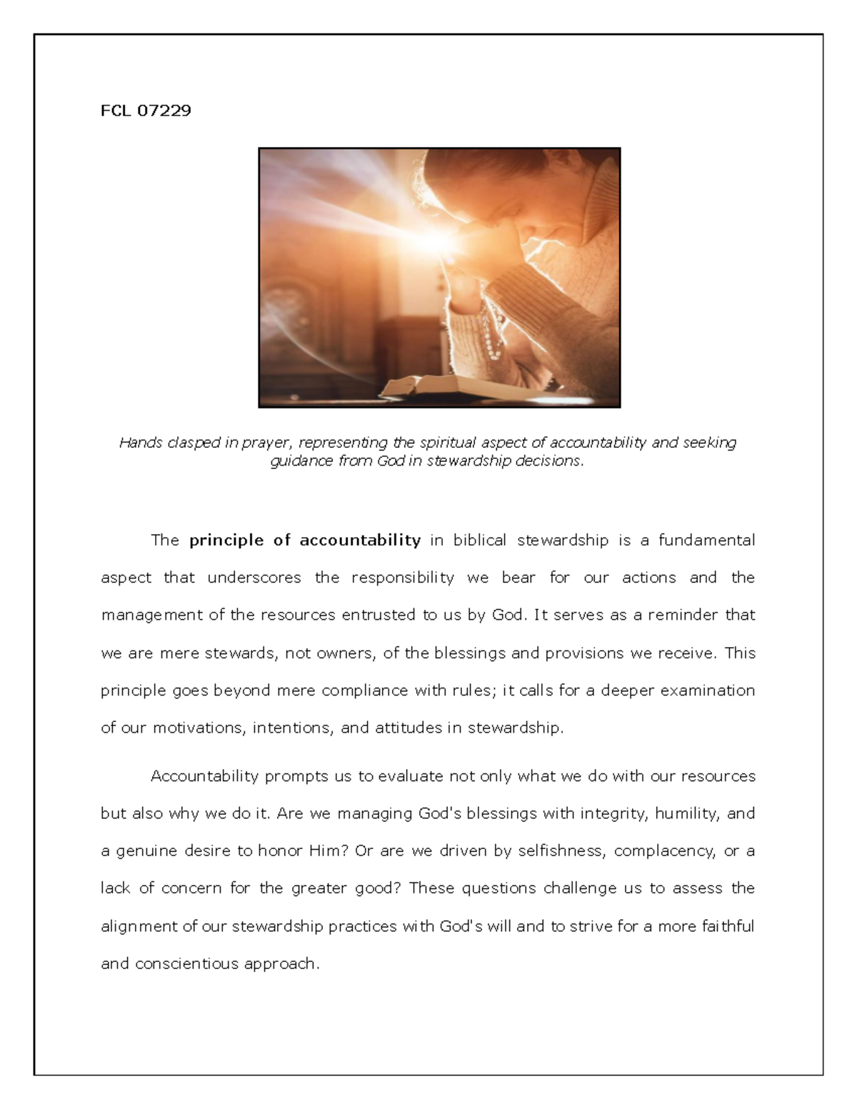 FCL 6 Prelim Activity 1 - FCL 6 - FCL 07229 Hands clasped in prayer, representing the spiritual ...