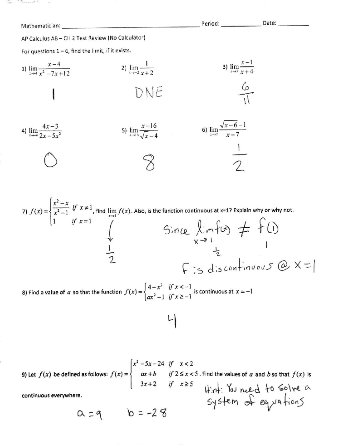 AP Calculus AB CH 2 Test Review Key (No Calculator) - Studocu