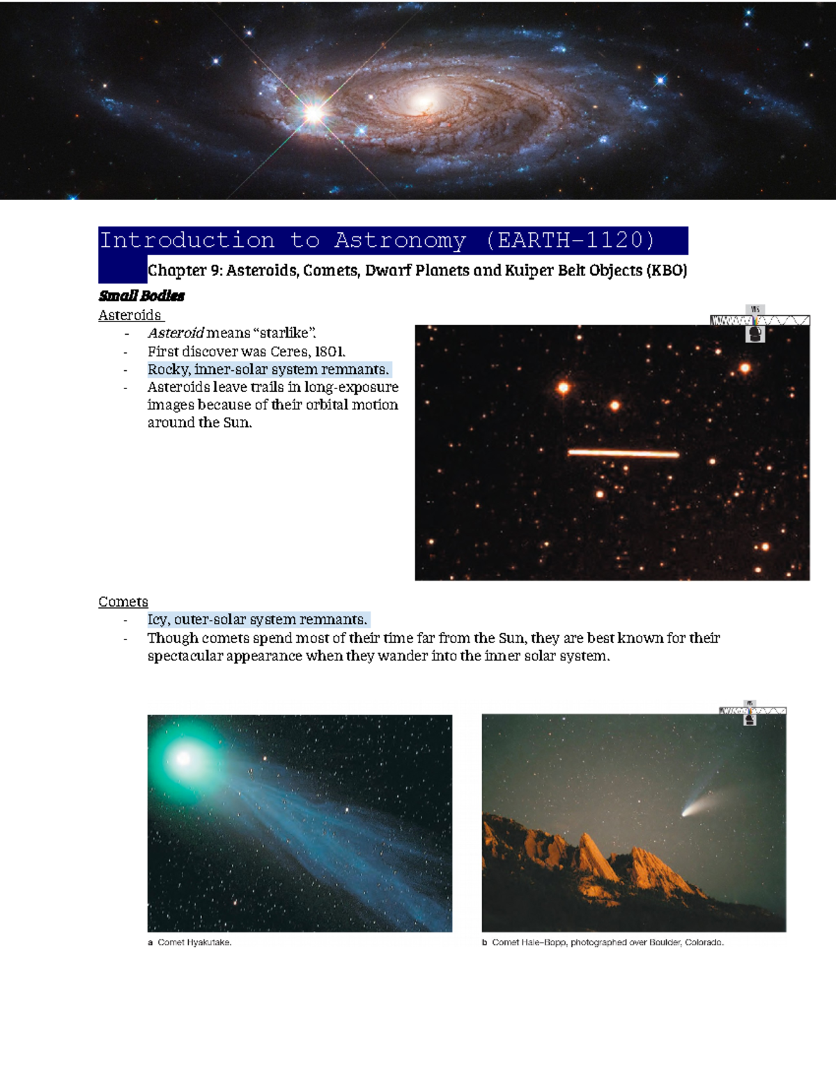 Intro to Astronomy (EARTH-1120) - Organized Notes on Small Bodies and ...