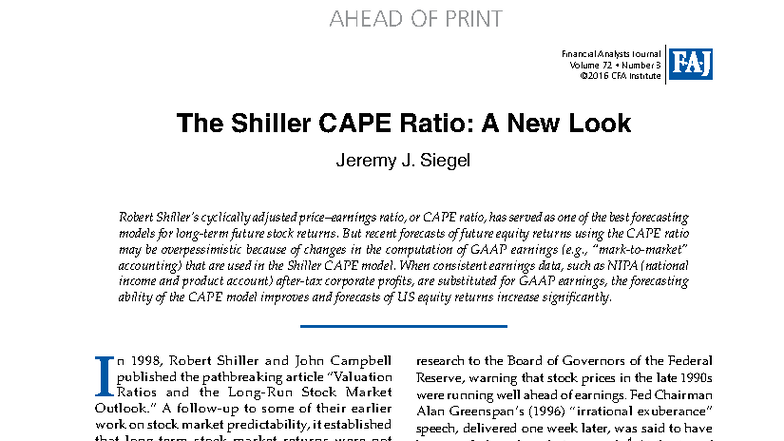 The Shiller CAPE Ratio: A New Look - Financial Analysts Journal Volume ...