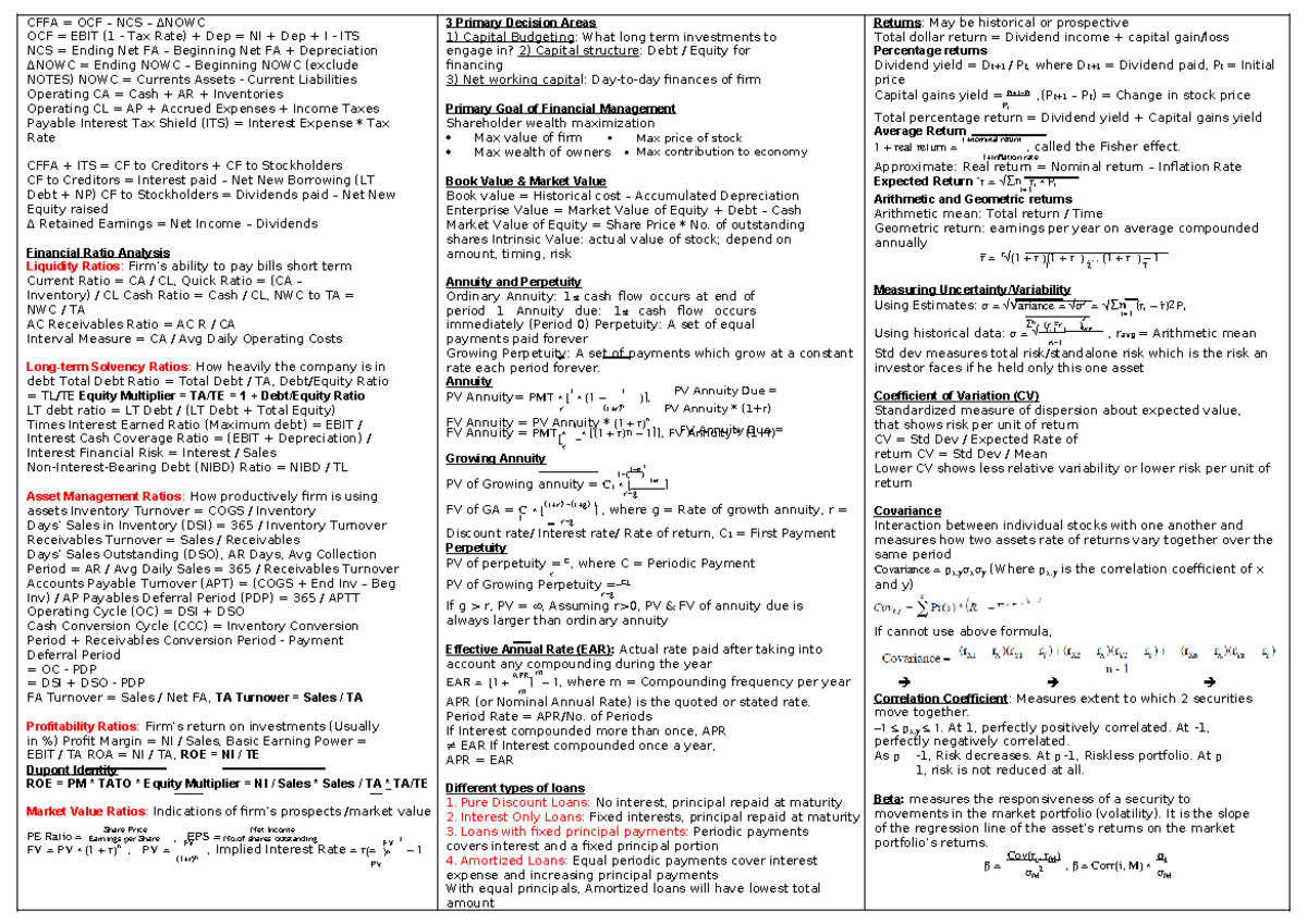 FIN 101 Cheatsheet: Key Concepts in Financial Management and Analysis - Studocu