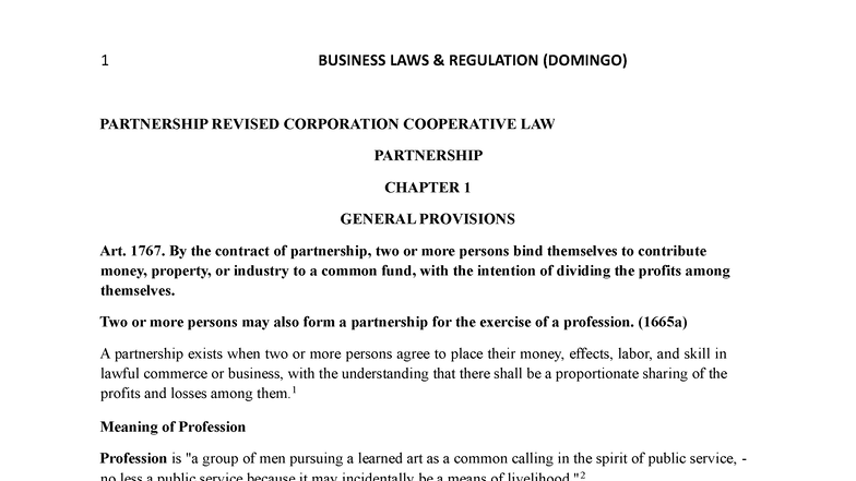 Chapter 1: LAW 2 - Partnership and General Provisions Overview - Studocu