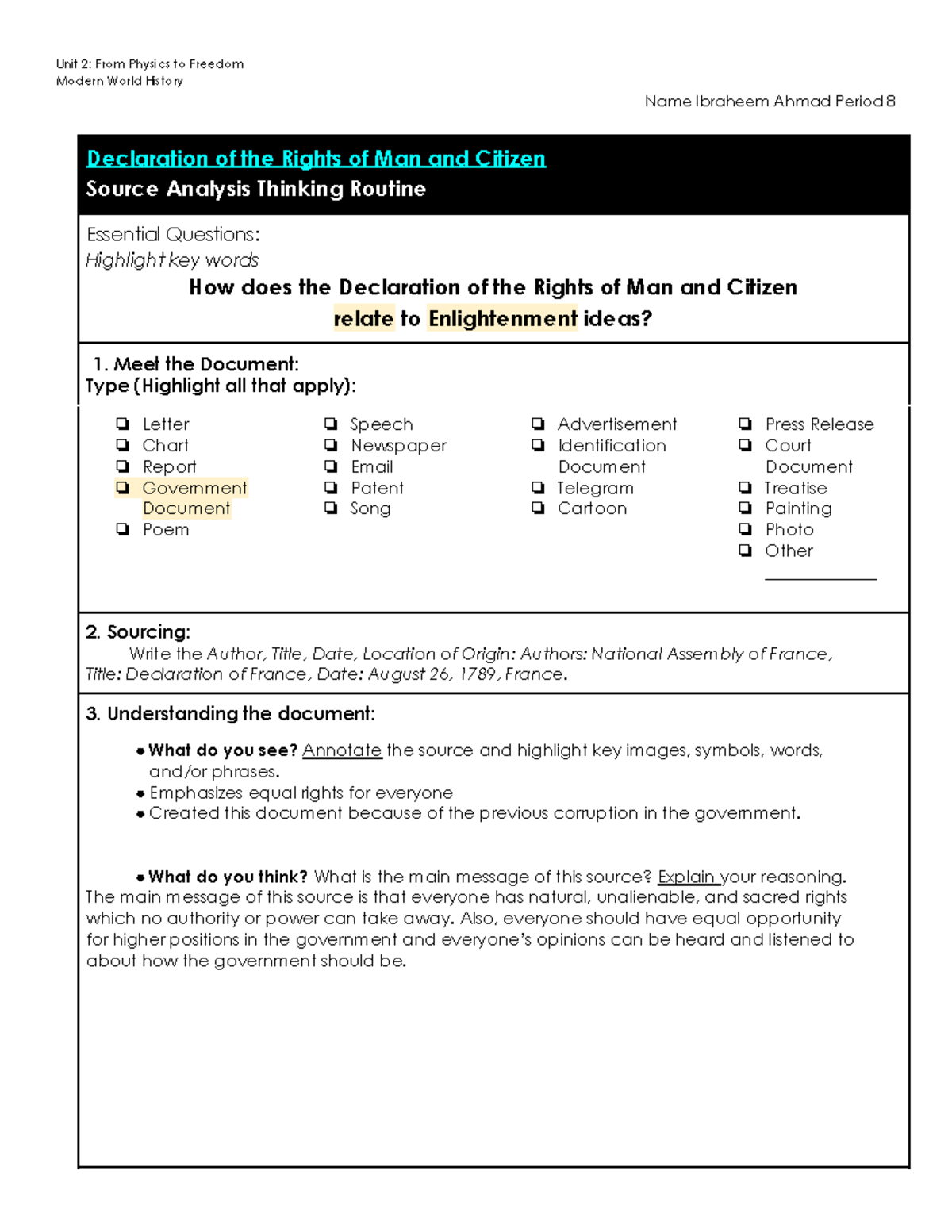 Unit 2: Declaration of the Rights of Man - Enlightenment Source ...