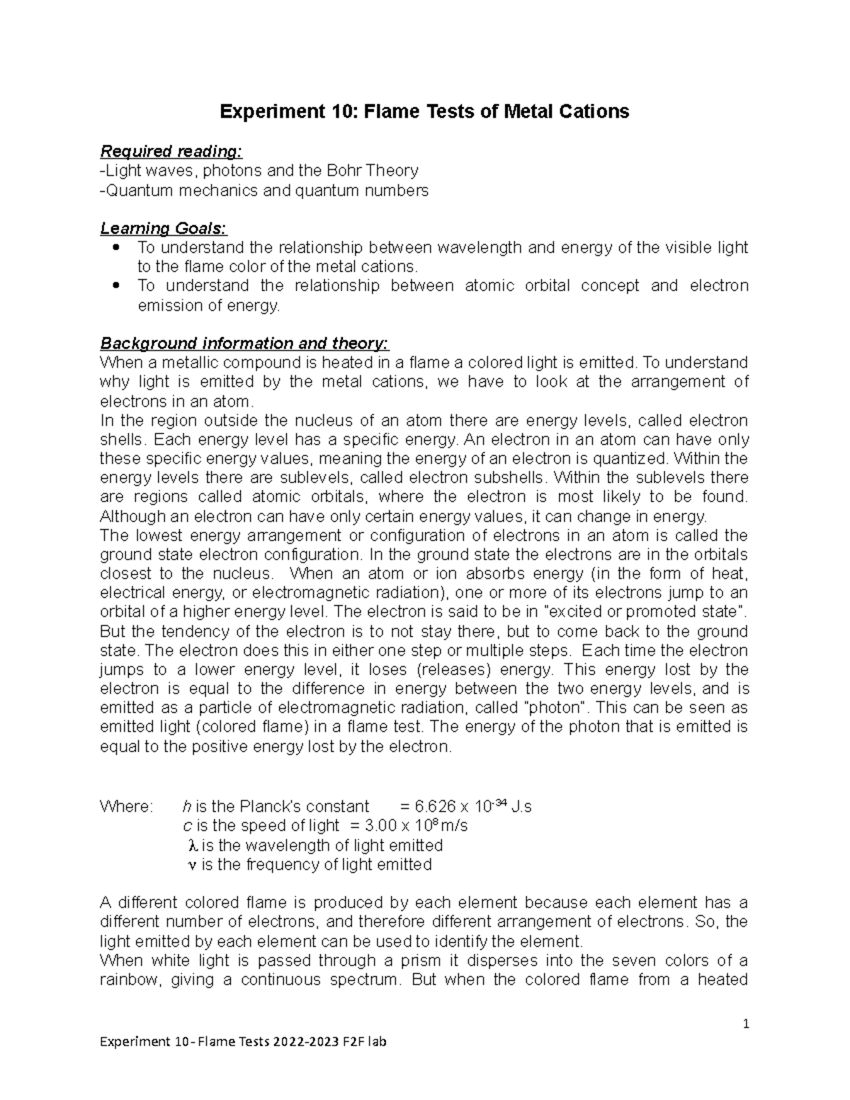 Experiment 10 Flame Tests Of Metal Cations Fall 2022 Lab Guide Studocu