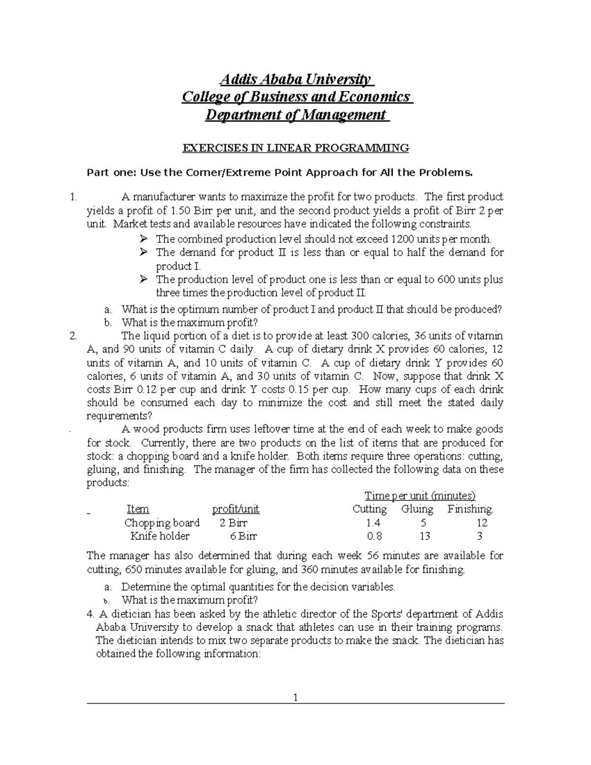 Worksheet on LP - test bank - Addis Ababa University College of ...
