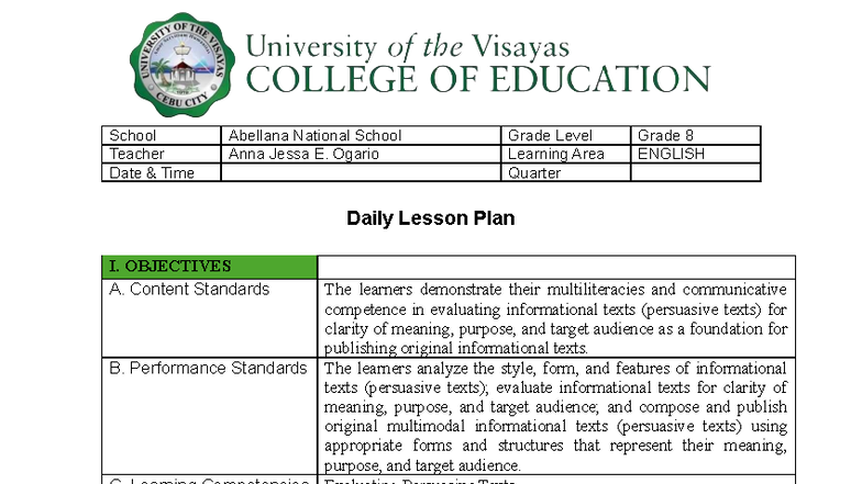Grade 8 ENGLISH Daily Lesson Plan: Parts of Persuasive Text - Studocu