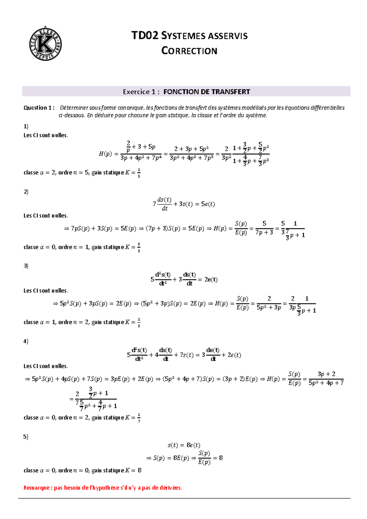 Asser TD02 - Systèmes Asservis - Corrections et Exercices - Studocu