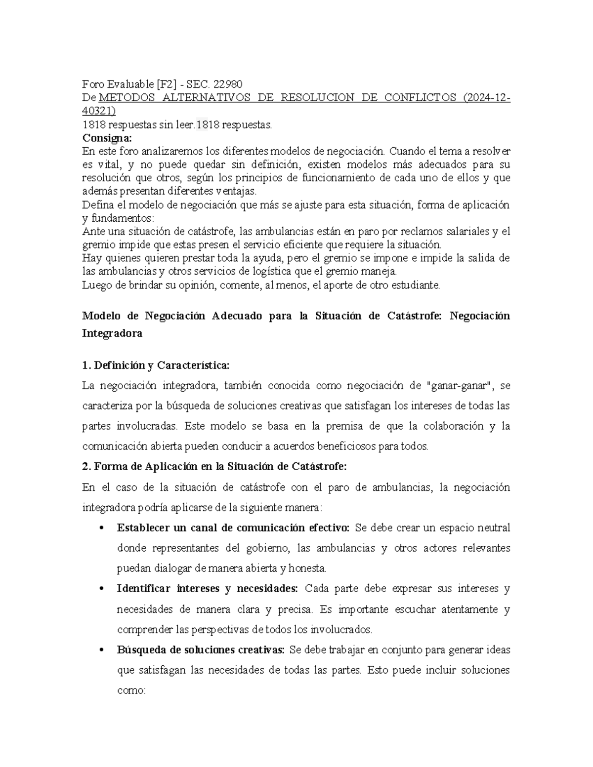 Foro Evaluable 2 - Modelos de Negociación en Crisis - SEC. 22980 - Studocu