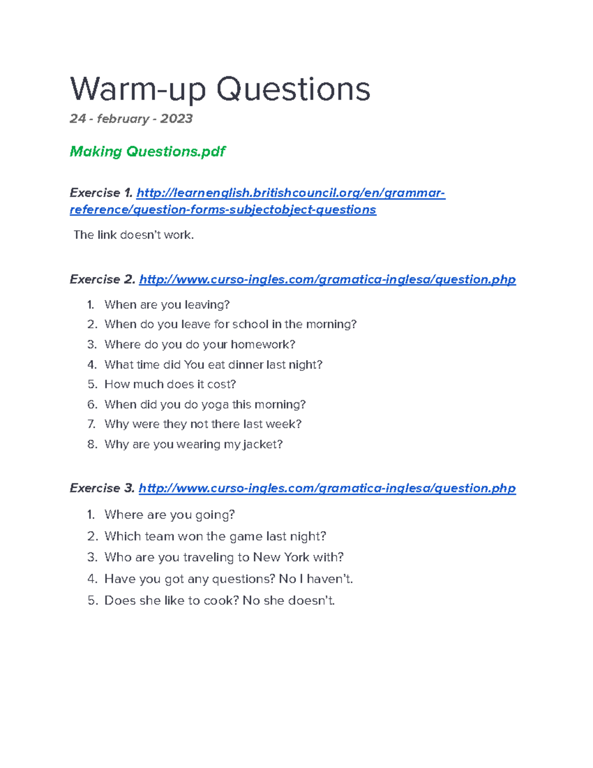 Warm-up Questions - Actividades para Formular Preguntas - Studocu