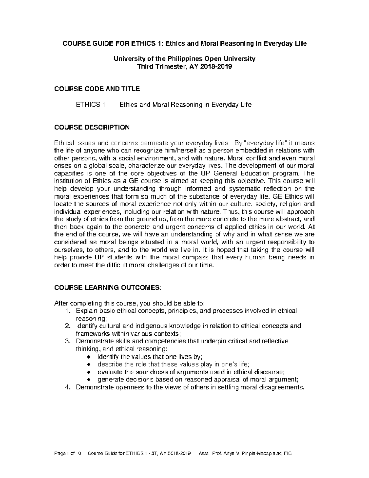 ETHICS 1 Course Guide: Moral Reasoning & Everyday Ethical Issues - Studocu