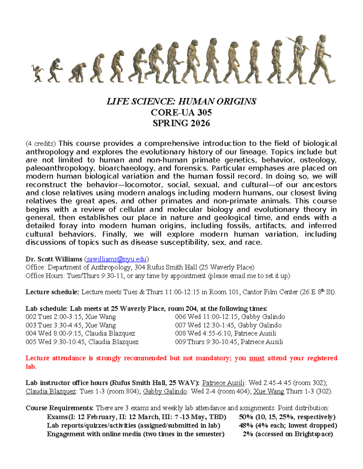 CORE-UA 305: Human Origins - Spring 2026 Course Overview - Studocu