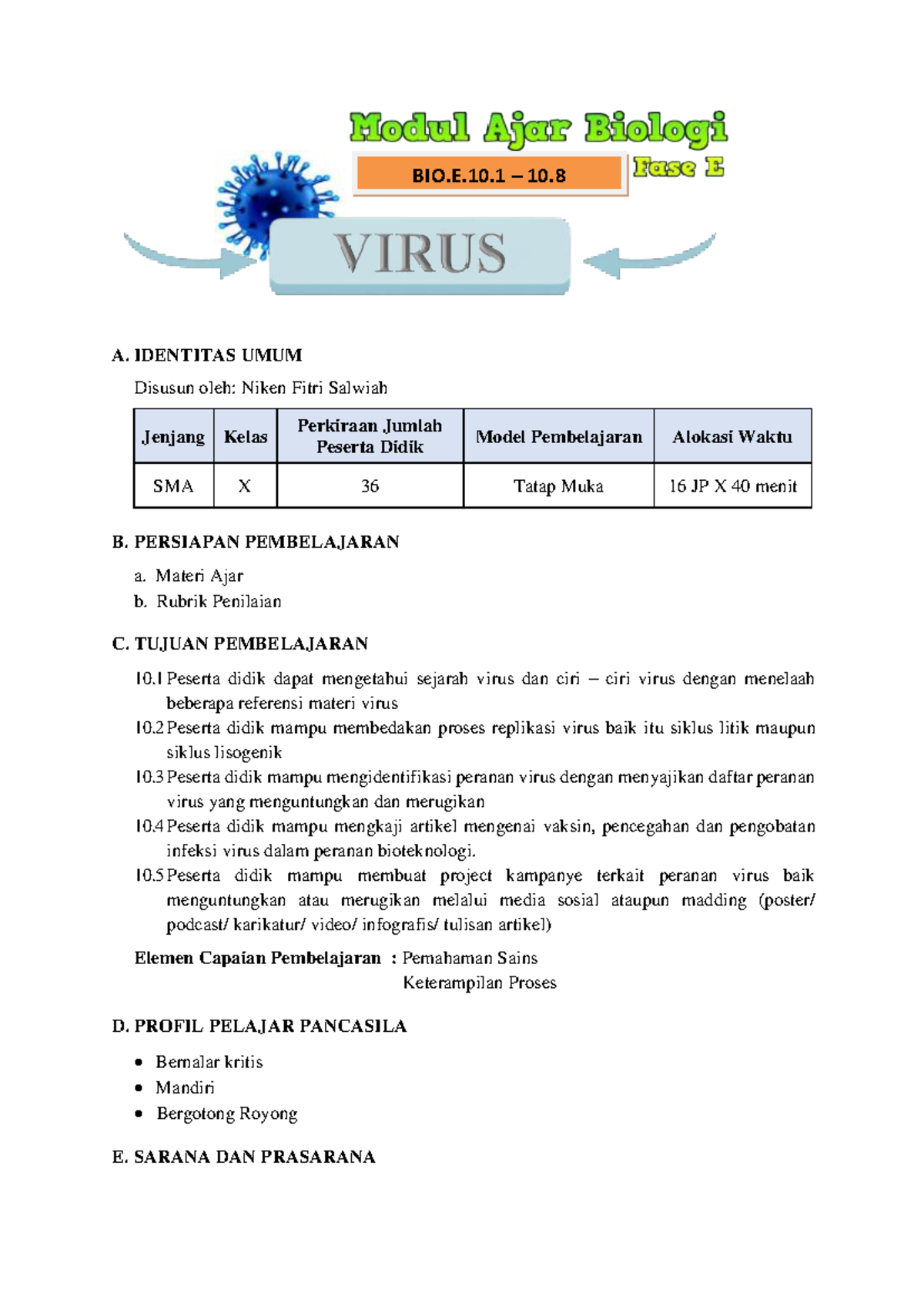 Modul Pembelajaran Virus: Sejarah, Ciri, dan Replikasi untuk SMA X - Studocu