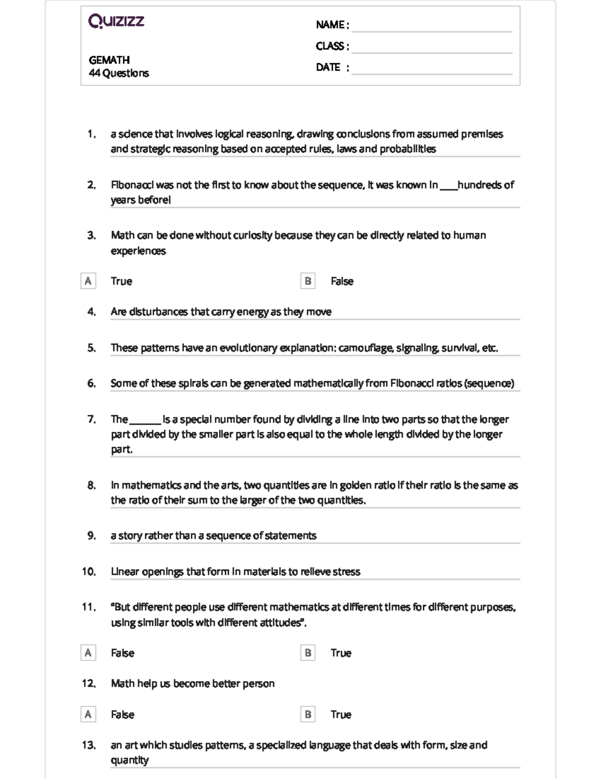 Gemath Prelim (Answer Sheet with Answer Key) - GEMATH 44 Questions NAME ...