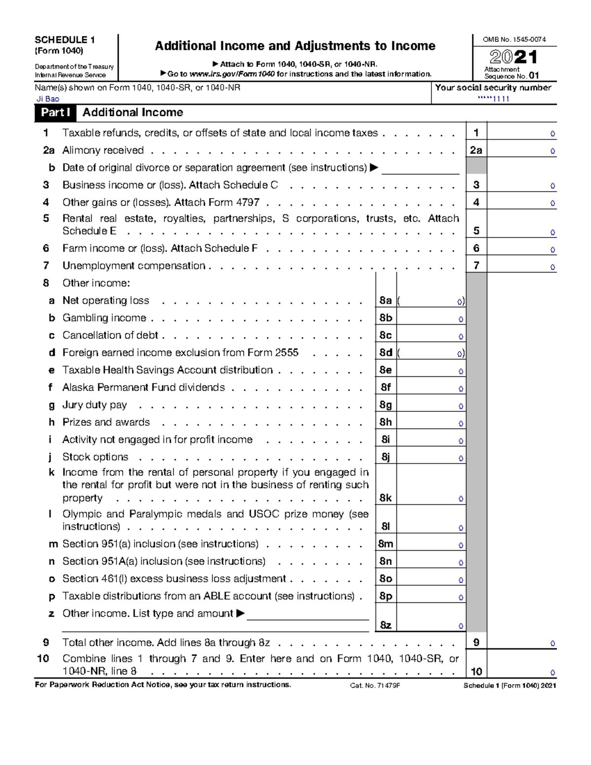 2021 Schedule 1 (Form 1040) - Additional Income & Adjustments - Studocu