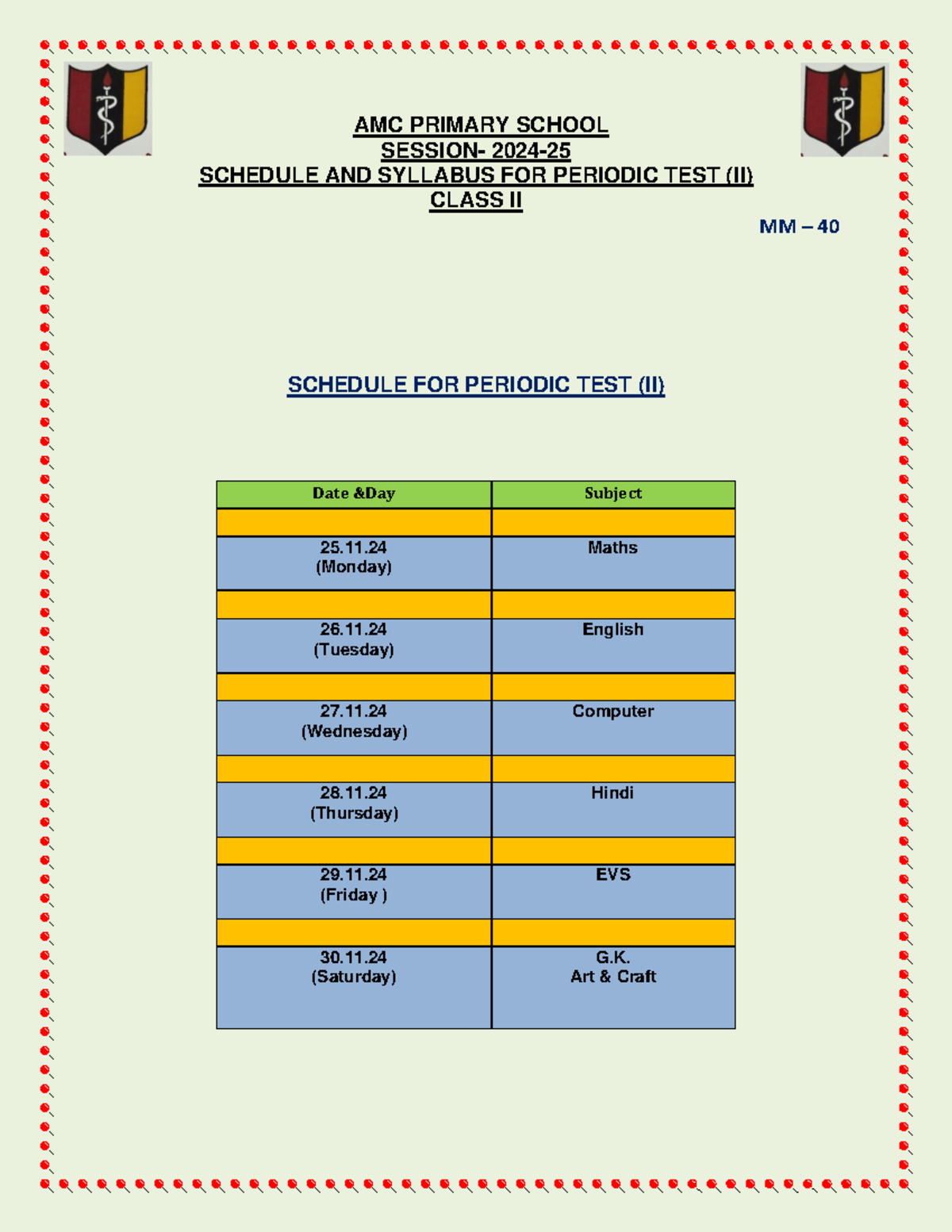 Class II - AMC PRIMARY SCHOOL SESSION- 2024 - 25 SCHEDULE AND SYLLABUS ...
