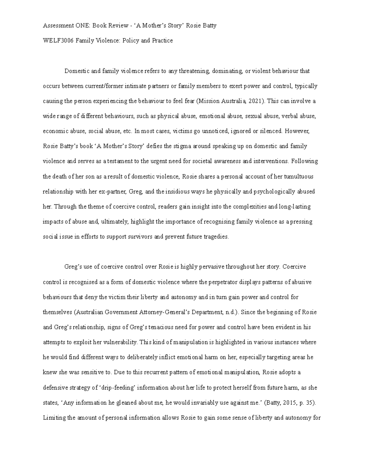 WELF3006 Assessment ONE: Book Review of Rosie Batty on Family Violence ...