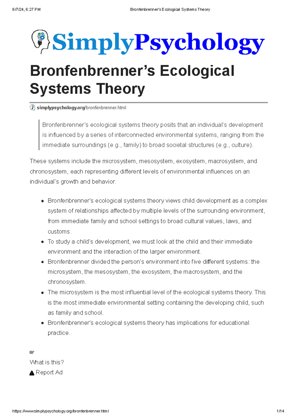 Bronfenbrenner's Ecological Systems Theory Explained: An Overview - Studocu